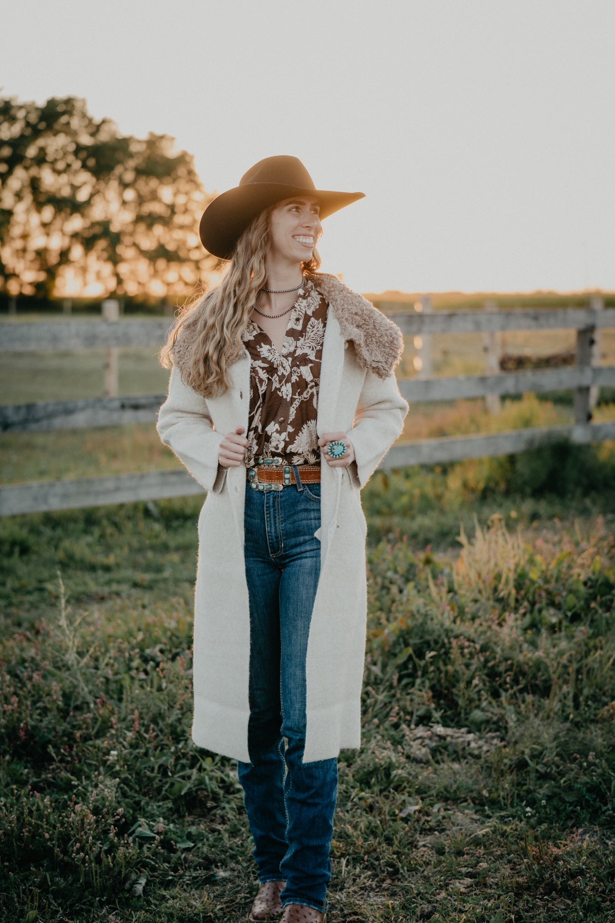 'Dakota' Oatmeal Duster Coat with Faux Fur Oversized Collar (XS-M ...