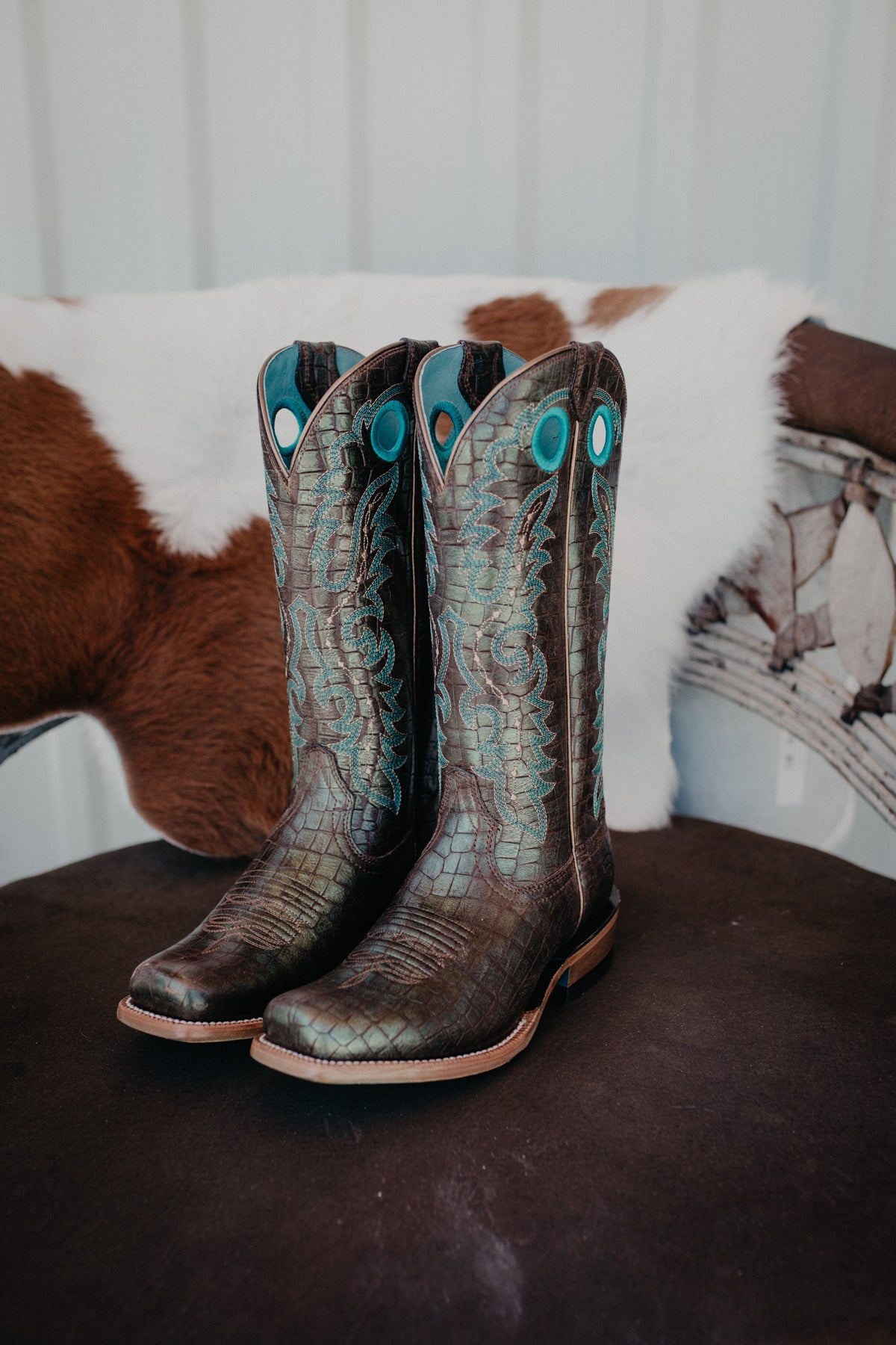 Ariat Futurity Boon Cowboy Boot with Embossed Croc Design & Teal Stitc ...