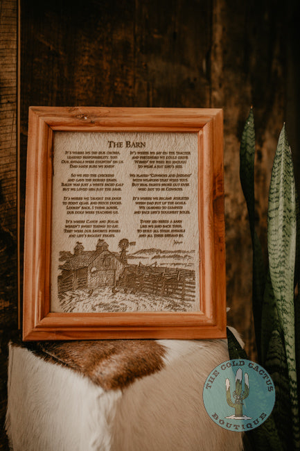 "The Barn" Cowhide Poem with Custom Cedar Frame (10X12) – Cold Cactus Inc.